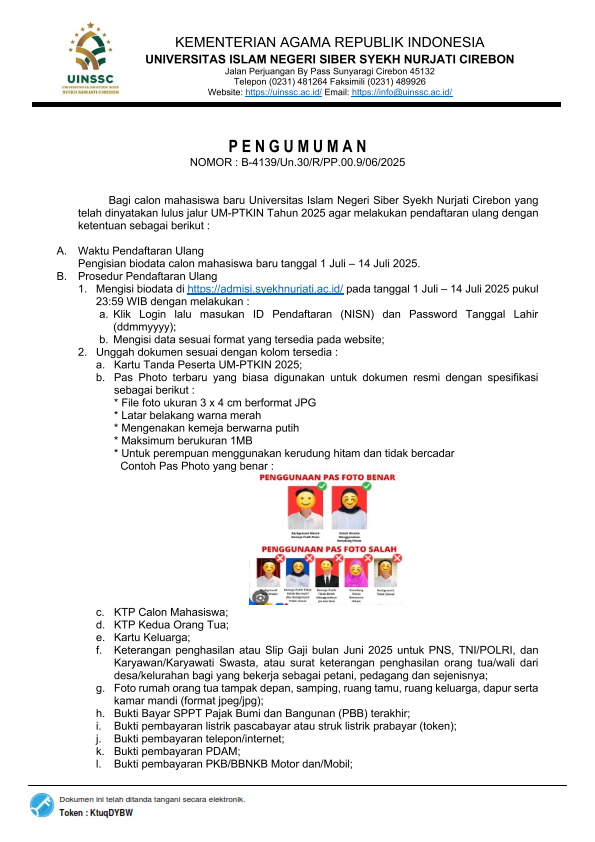 Daftar Ulang Calon Mahasiswa Baru UIN Siber Syekh Nurjati Cirebon Jalur UM-PTKIN 2025 - Portal ...